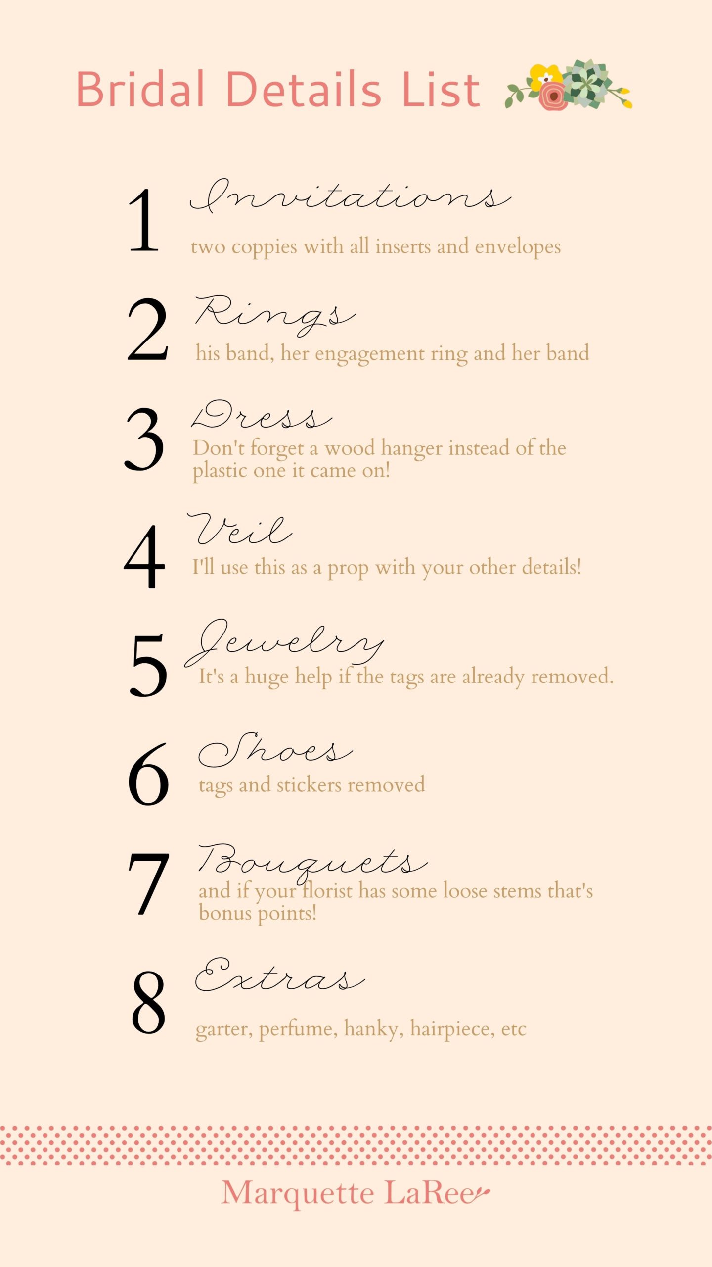 Bridal Details: A List for your Wedding Day - marquettelaree.com